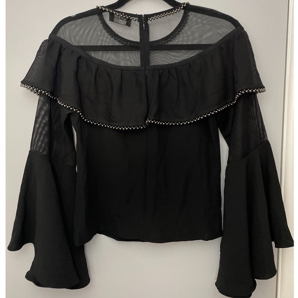 Gracia | Tops | Gracia Sheer Mesh Tiered Ruffle Sleeve Blouse In Black ...